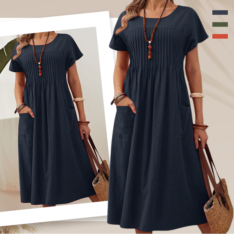 Női rakott ruha rövid ujjal és zsebekkel – recleay